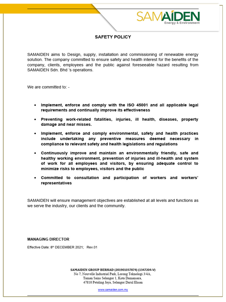 Safety Policy 2023-Samaiden Rev01 | PDF