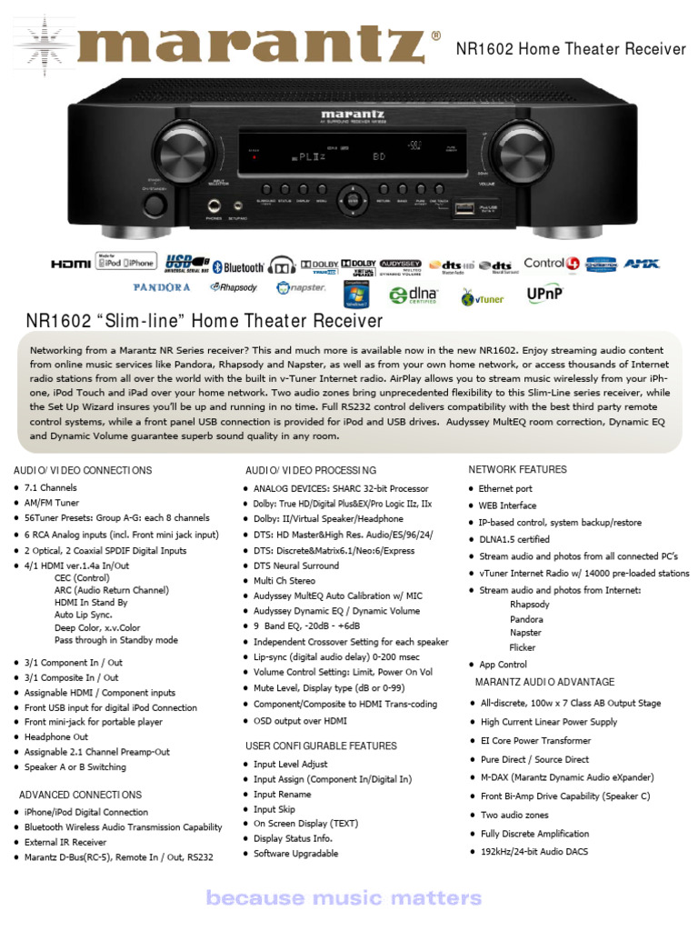 Marantz NR1602 Receiver Overview | PDF | Hdmi | Computer Engineering