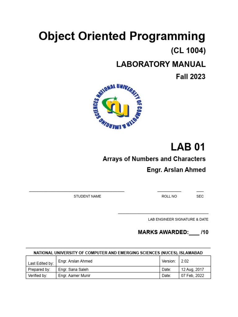 OOP Lab 901 Arrays of Num Char | PDF