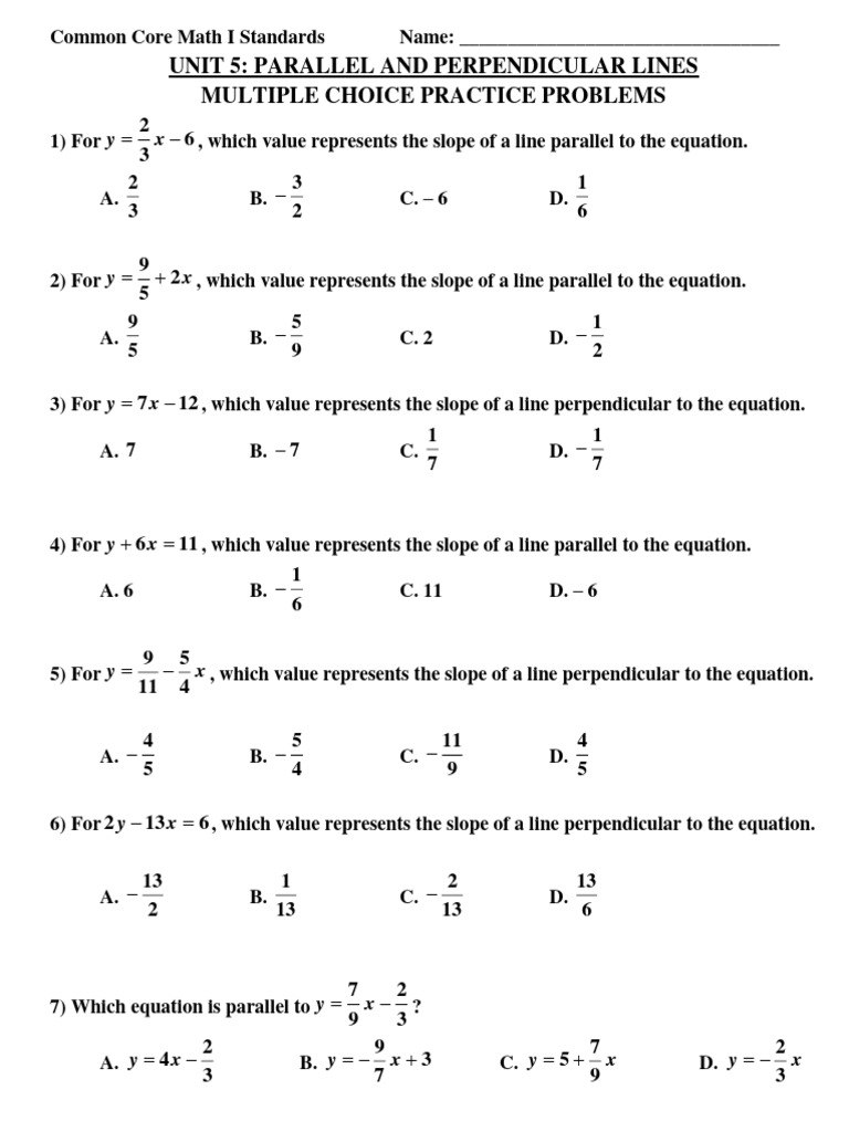 Unit 5.2 Multiple Choice Practice Parallel and Perpendicular (1) | PDF | Mathematics ...