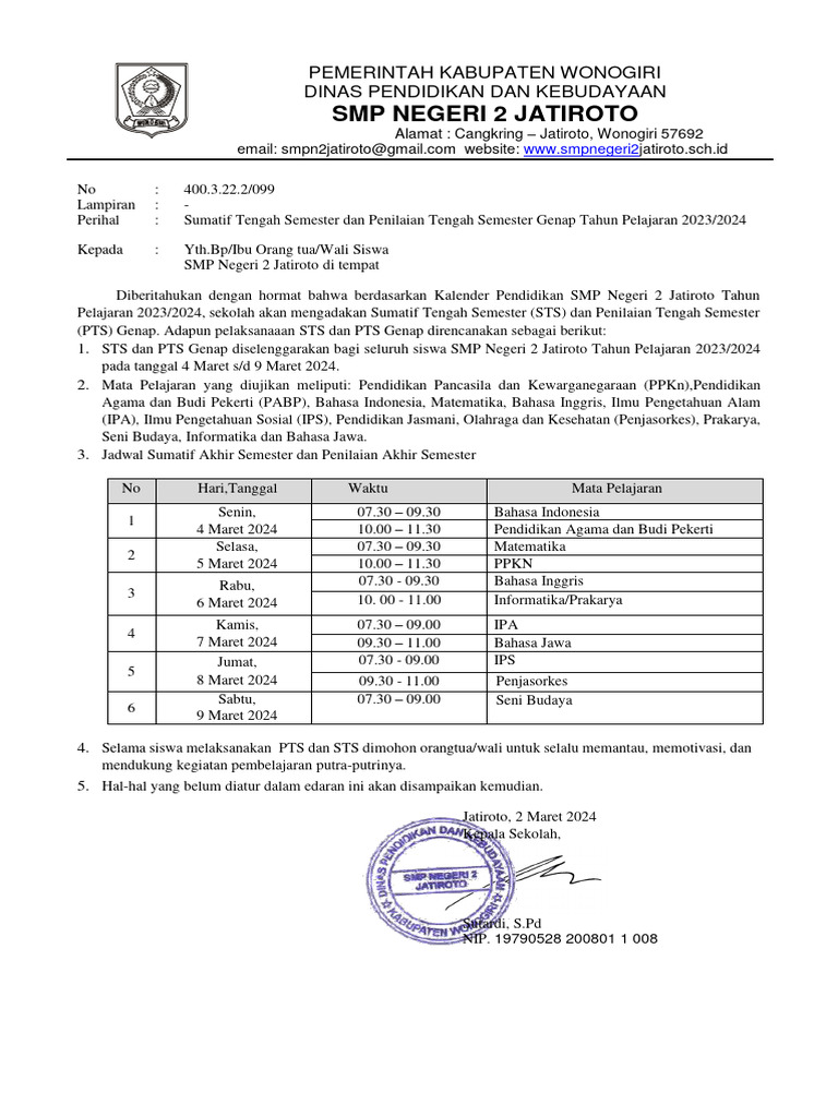 Edaran PTS STS 2023 2024 GENAP | PDF