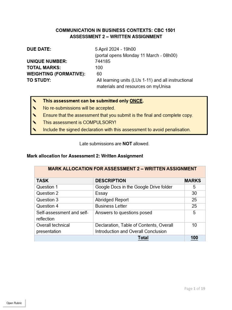 CBC1501 - 2024 - S1 - Assessment 2 - Written Assignment - 11 March 2024 | PDF | Communication ...