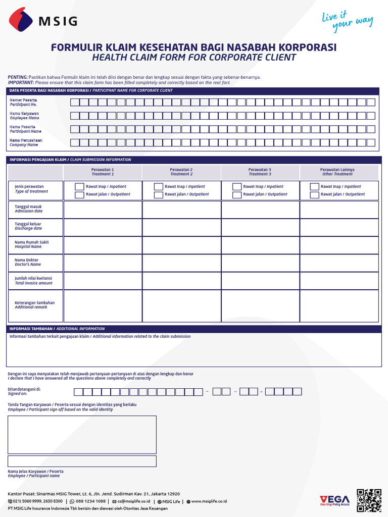 Form Claim Nasabah Korporasi - MSIG | PDF