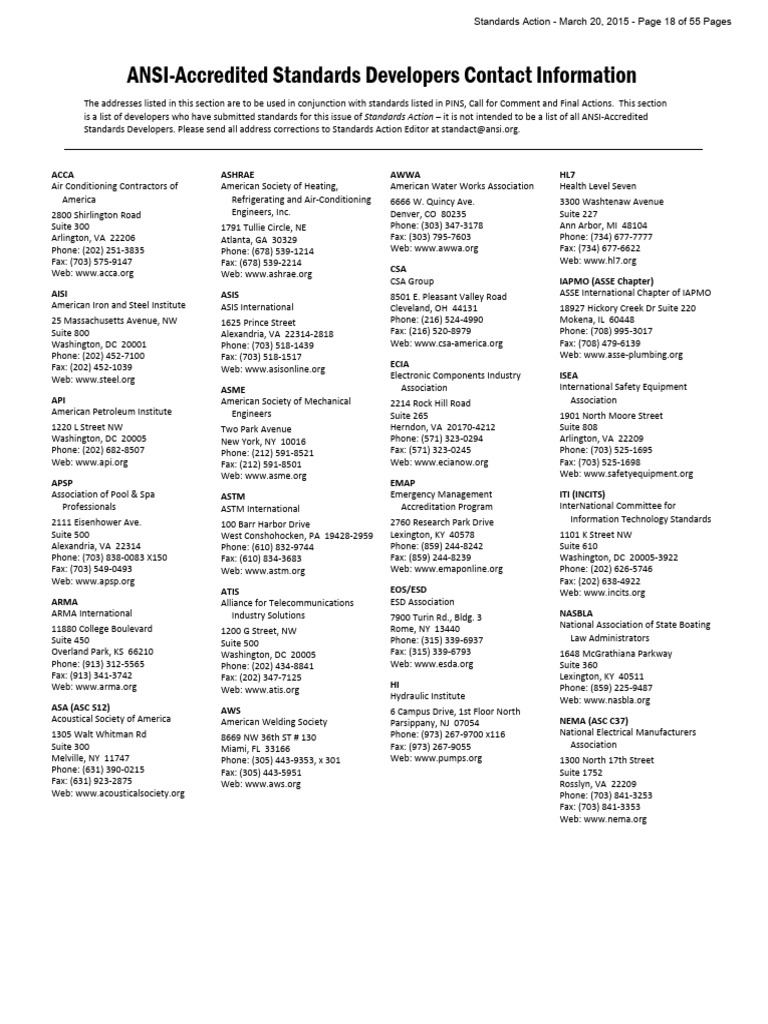 ANSI Standards Developers Contact List | PDF | Information And ...