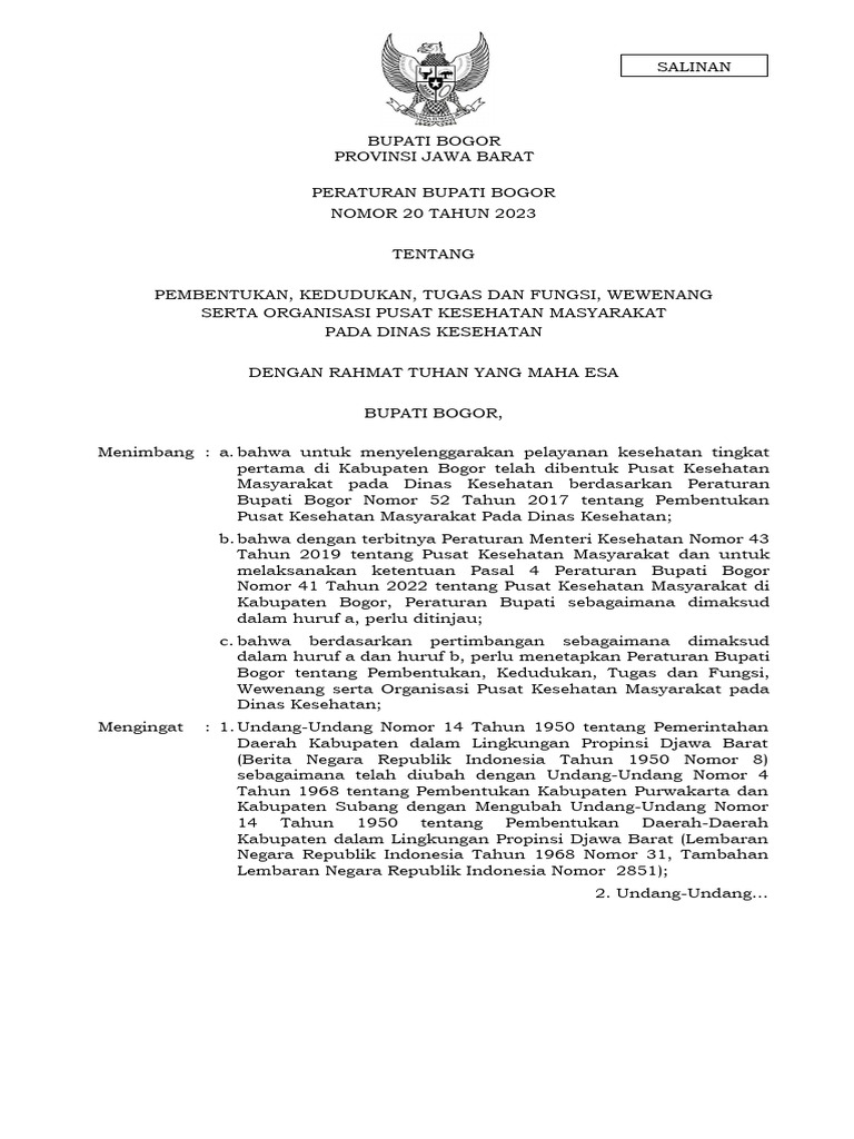 PERBUP BOGOR NO 20 TAHUN 2023 TTG SOTK PUSKESMAS | PDF