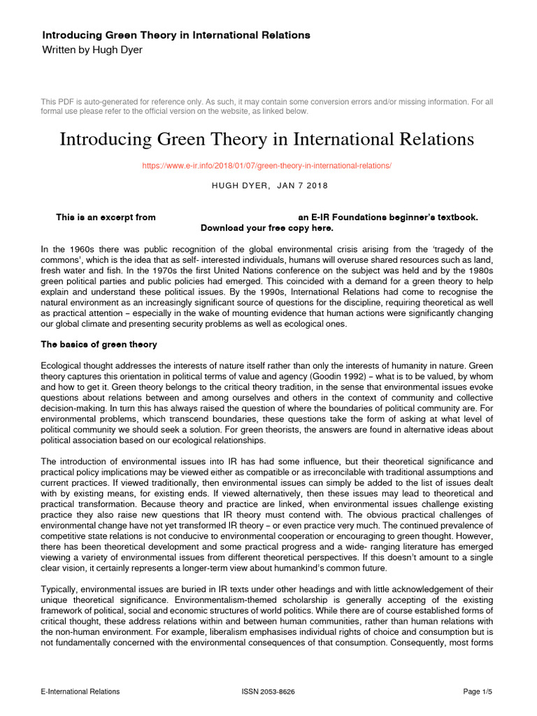 Hugh Dyer 2018 Introducing Green Theory in International Relations | PDF | Ecology | Theory