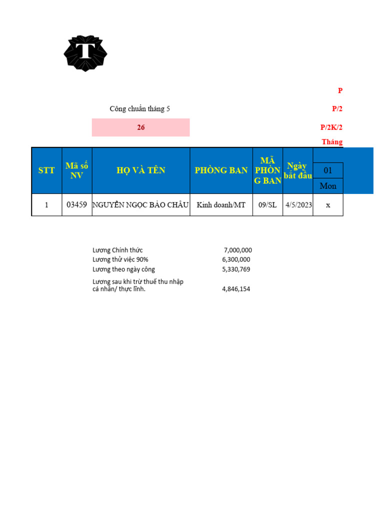 Bảng Chấm Công Tháng 05/2023: STT Họ Và Tên Phòng Ban Số Ngày Làm Việc Trong Tháng Mã số NV MÃ ...
