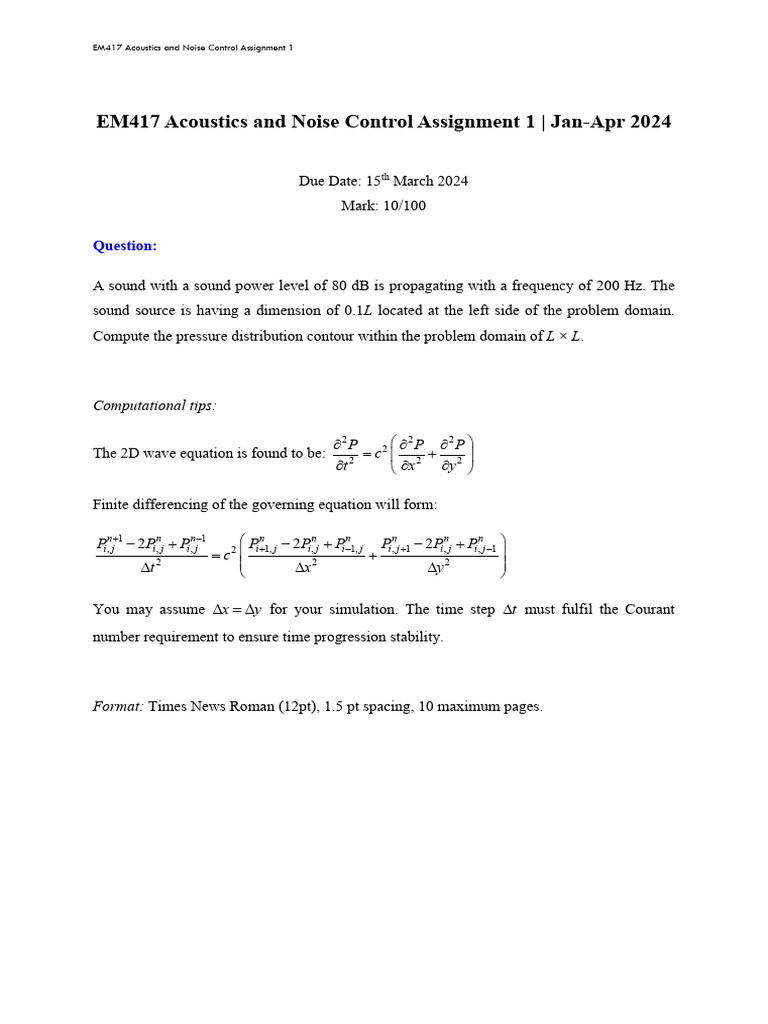 (EM417) Acoustics and Noise Control Assignment 1 Question | PDF