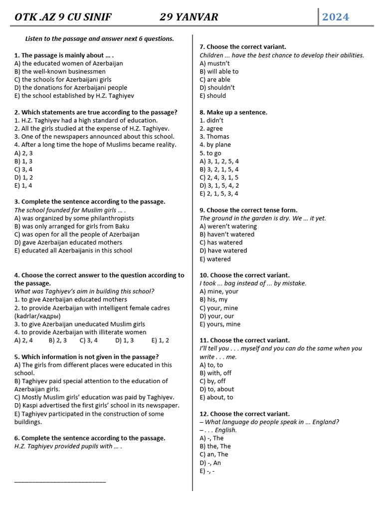 OTK - AZ Buraxılış 2024 ( 2) - Sinif 9 | PDF | Meal | Cuisine