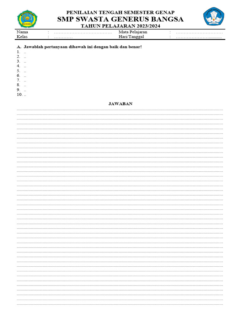 Format Soal PTS Genap KLS Vii, Viii Ix SMP GB Ta 2023-2024 | PDF