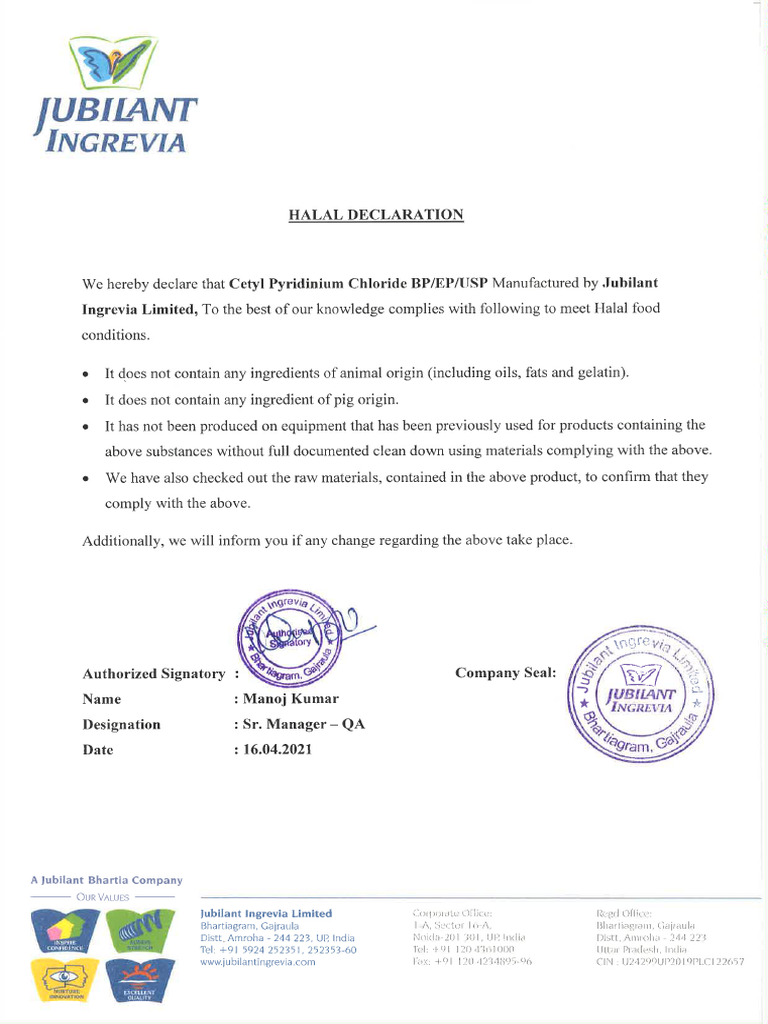Halal Declaration, Flowchart, Spec CPC Jubilant Ingrevia | PDF