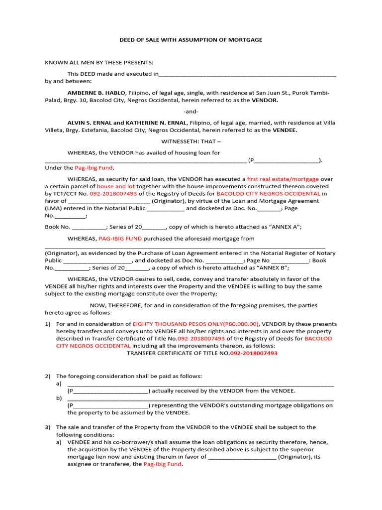 Deed of Sale With Assumption of Mortgage | Download Free PDF | Mortgage ... Deed of Sale With Assumption of Mortgage | Download Free PDF | Mortgage ...