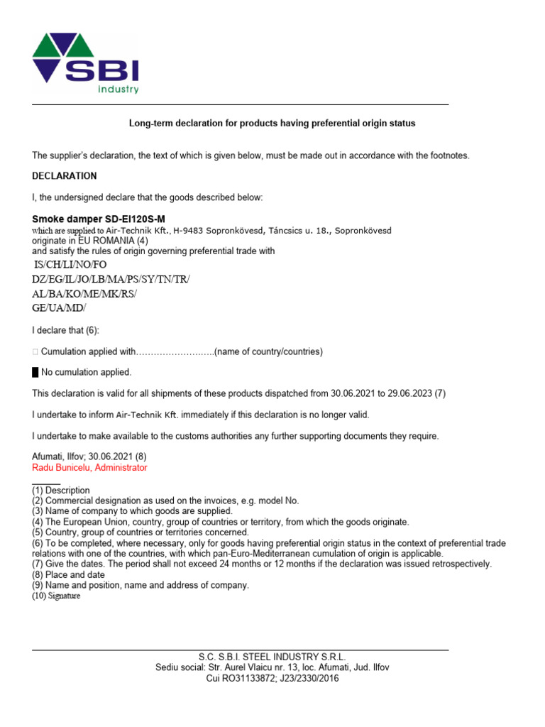 Preferential Origin Declaration Form | PDF