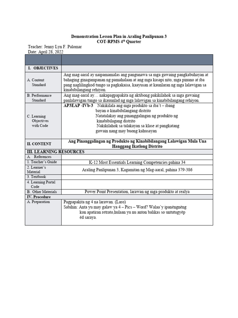 I. Objectives: A. Content Standard B. Performance Standard | PDF