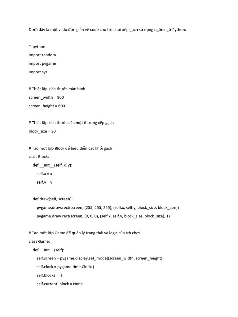 Dưới Đây Là Một Ví Dụ Đơn Giản Về Code Cho Trò Chơi Xếp Gạch Sử Dụng Ngôn Ngữ Python | PDF