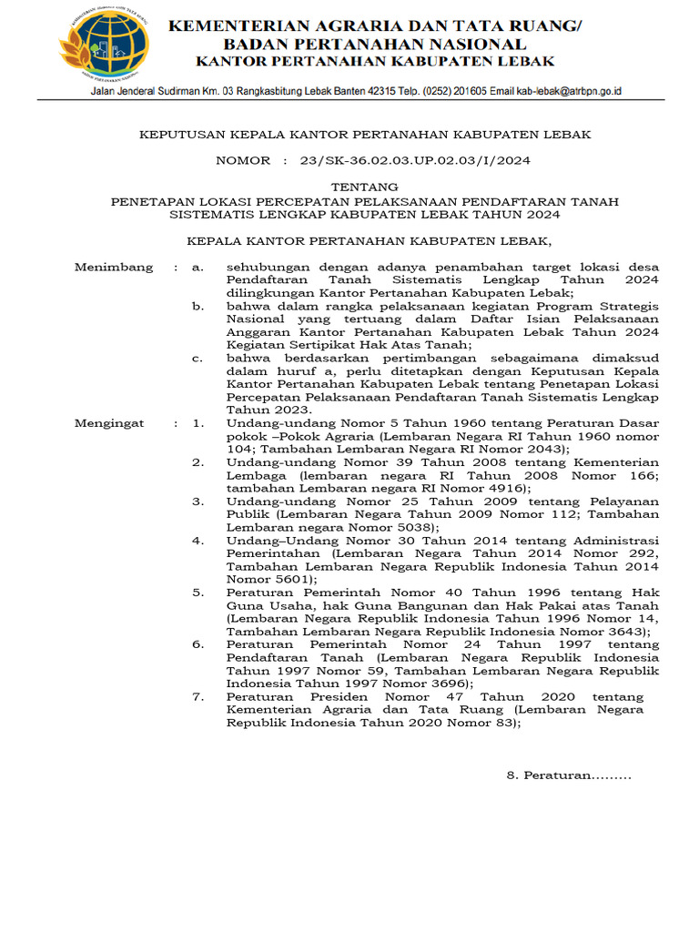 SK Kepala Kantor Pertanahan | PDF