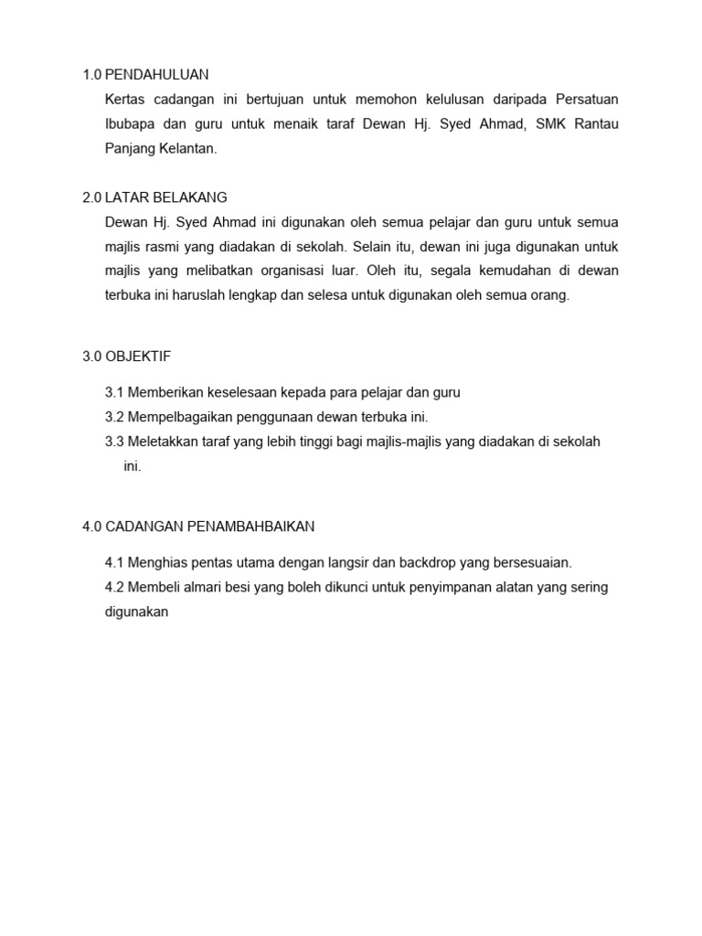 Kertas Kerja Cadangan Naik Taraf Dewan Sekolah | PDF