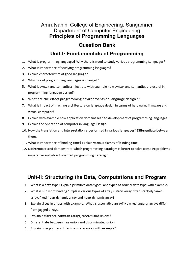 PPL Question Bank Unit 1 and 2 | PDF | Programming Language | Pointer (Computer Programming)