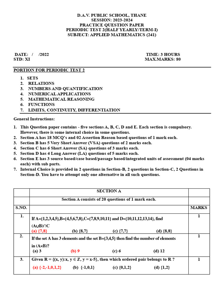 Answer Key Set - 2 Grade-11 Sample Paper T1 Applied Mathematics 23-24 ...