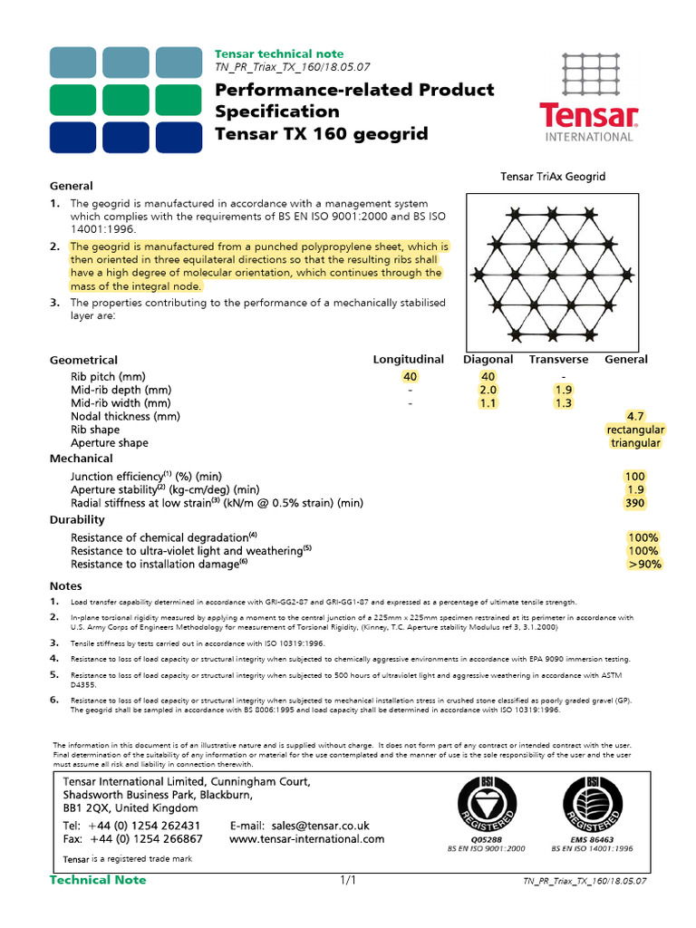 Tensar TX 160 Geogrid Specifications | PDF | Stiffness | Materials
