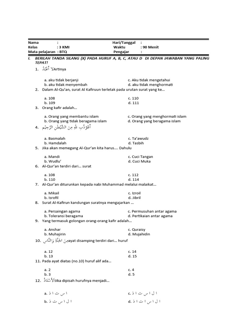 Soal BTQ Kelas 3 KMI | PDF