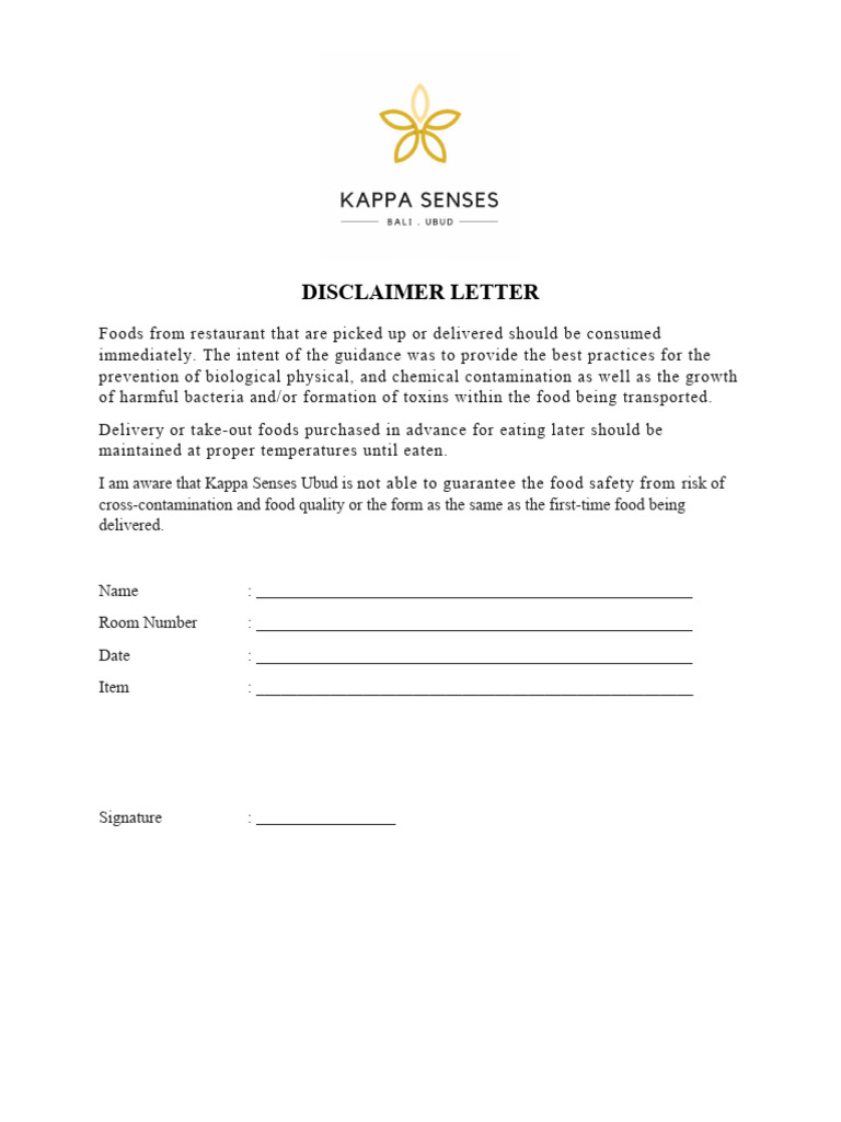 Disclaimer Letter - Food | PDF