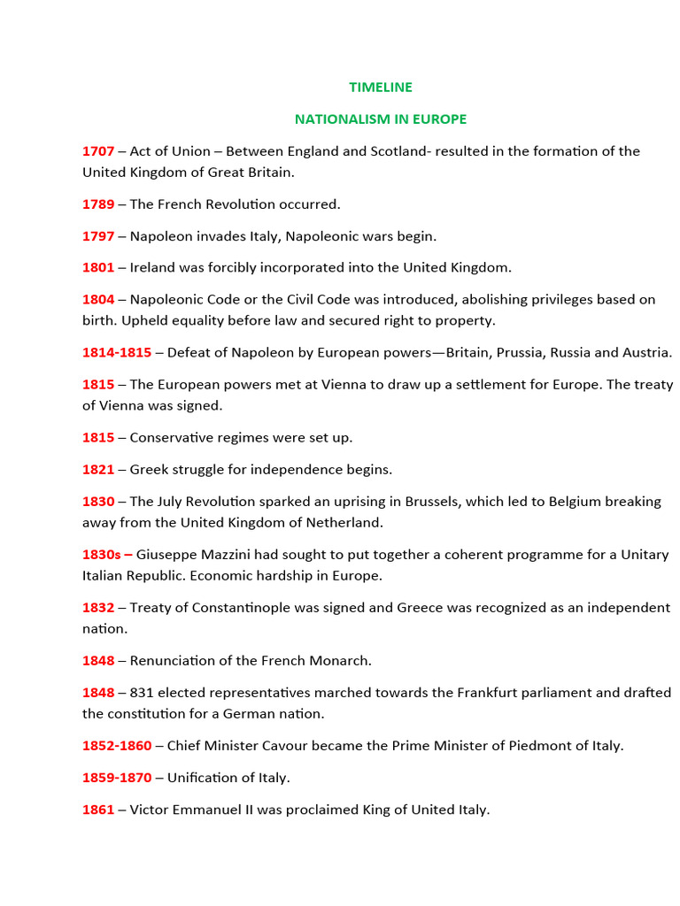 Grade 10 - Nationalism in Europe Timeline | PDF | Travel | History
