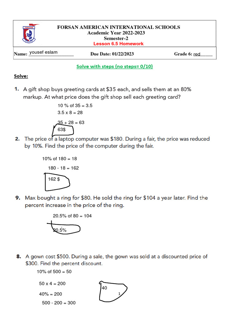 Grade 6 Lesson 6.5 Homework | PDF