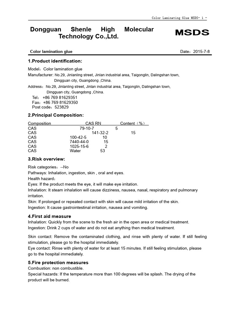 Color Laminating Glue MSDS Summary | PDF | Personal Protective ...