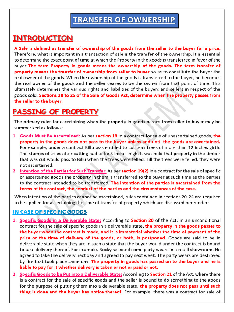 SOGA CH 2 - Transfer of Ownership Notes by Gyaani Academy | PDF | Sales ...