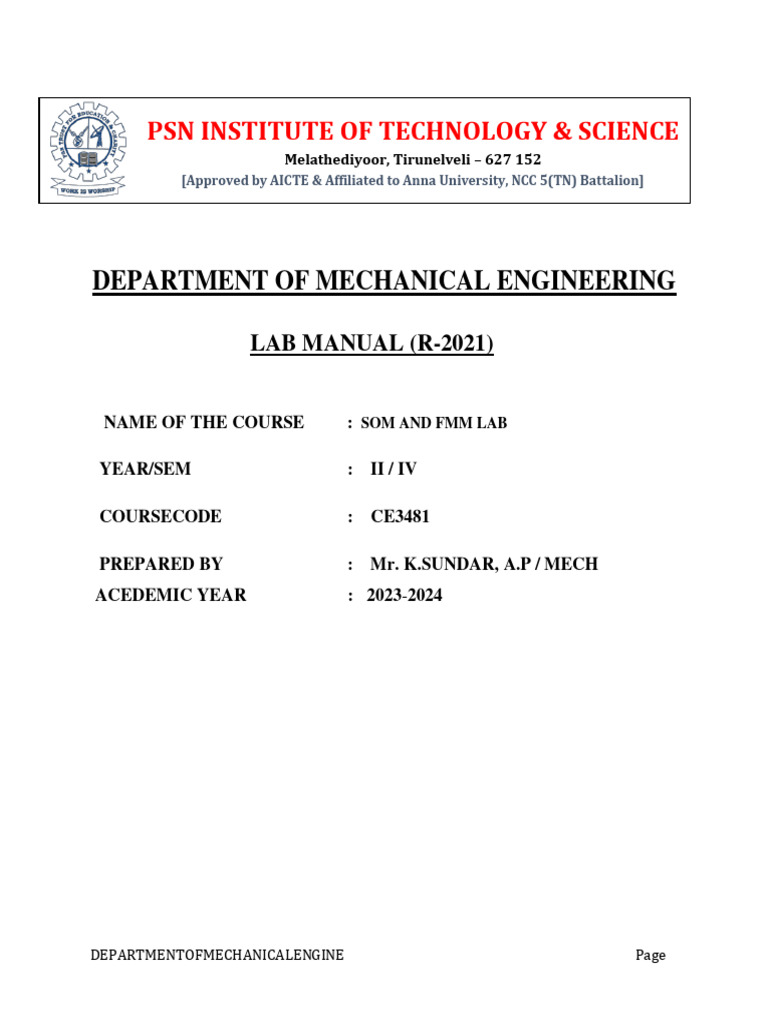 Mechanical Engineering Lab Manual CE3481 | PDF | Fracture | Ductility