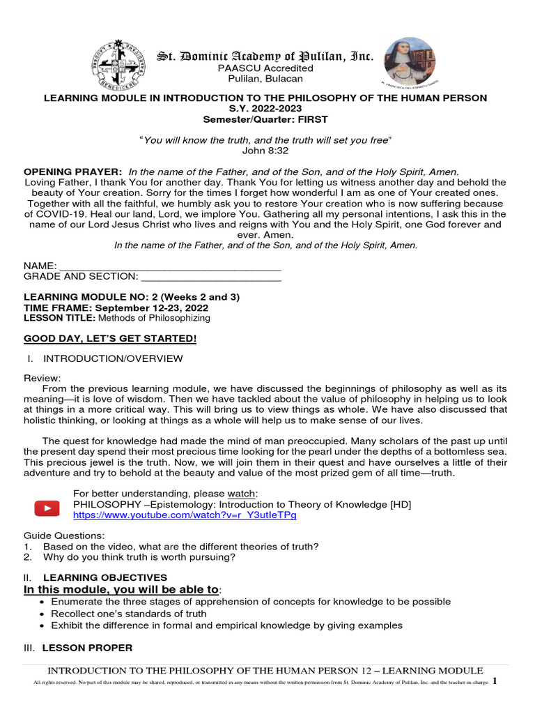 IPHP Q1 Module 2 - Methods of Philosophizing | PDF | Perception | Knowledge