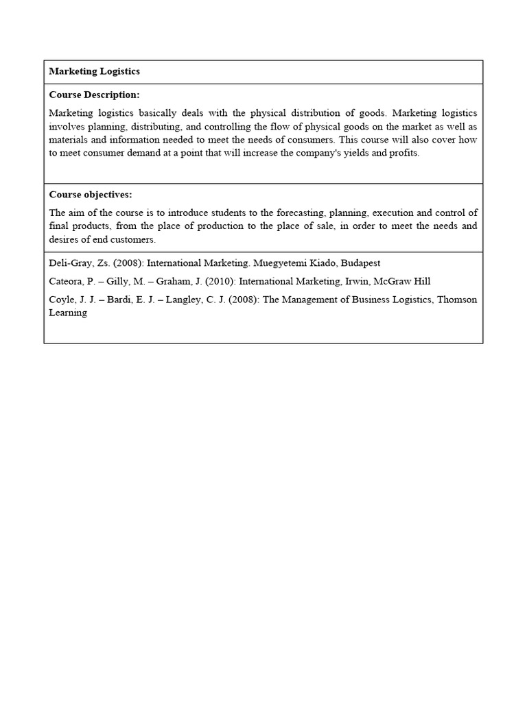 Syllabus Marketing Logistics | PDF
