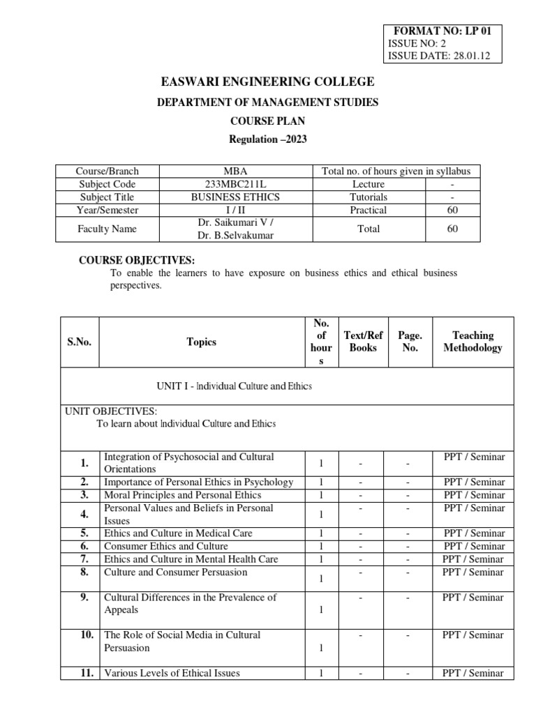 BUSINESS ETHICS - Lesson Plan | PDF | Corporate Social Responsibility ...