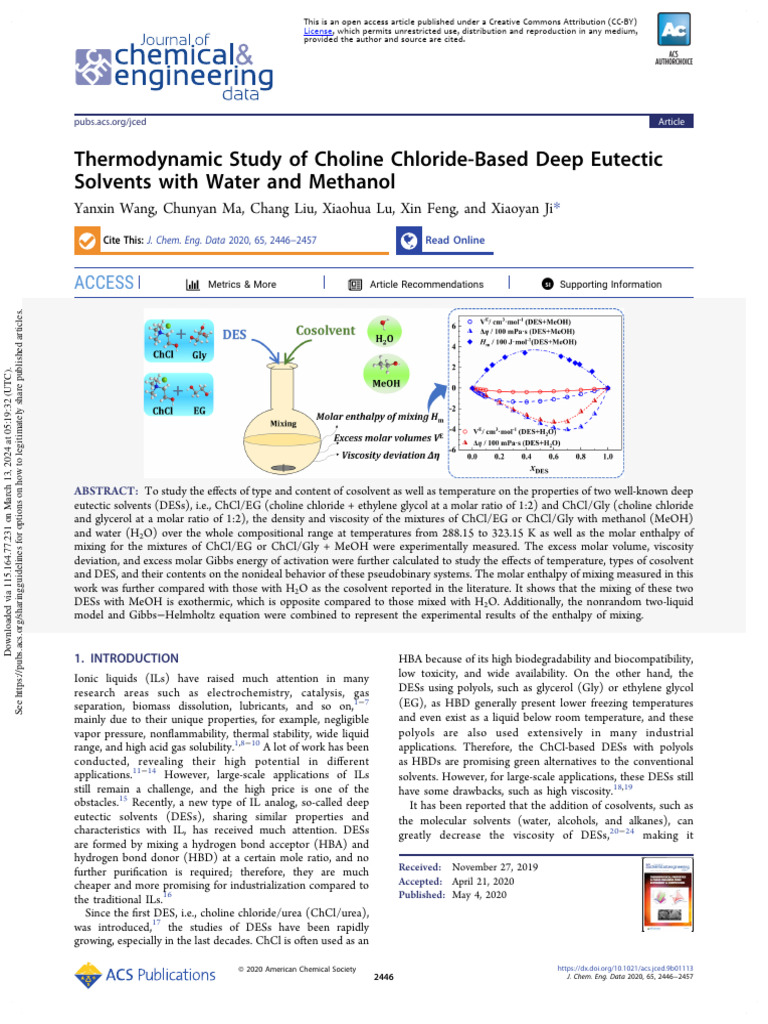 Wang Et Al 2020 Thermodynamic Study of Choline Chloride Based Deep Eutectic Solvents With Water ...