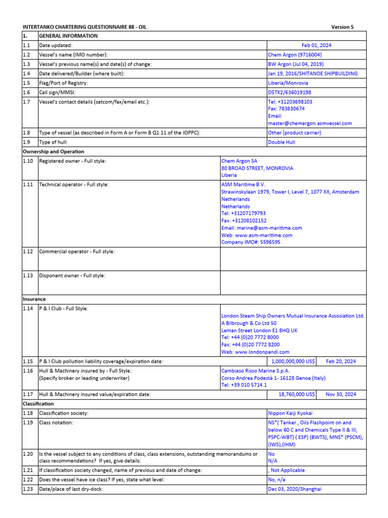 Chem Argon - Q88 (Oil) - 01feb2024 | PDF | Tonnage | Oil Tanker