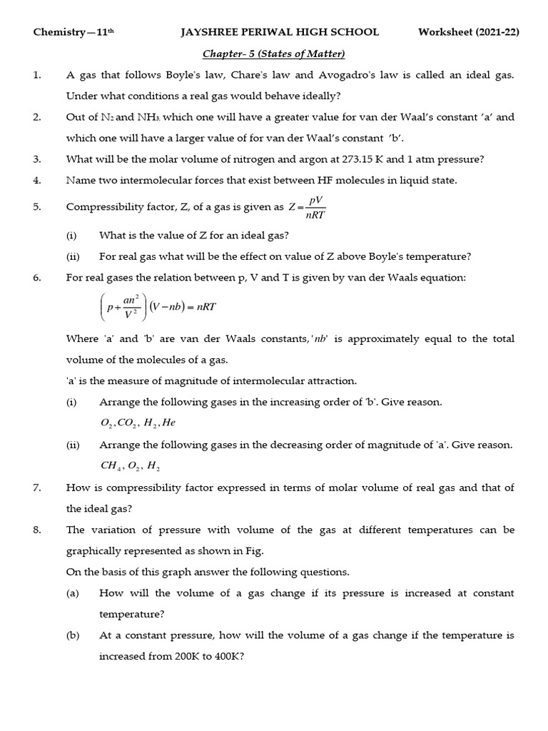 Chemistry Worksheet: States of Matter & Thermodynamics | PDF | Gases | Acid