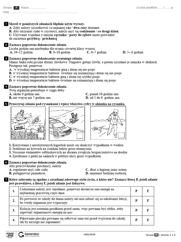 1. Zdrowy styl życia Test (bez widocznej punktacji) | PDF
