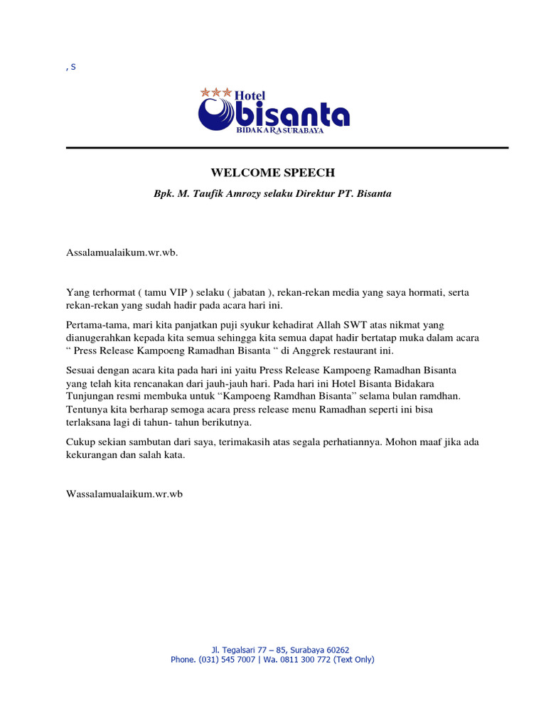 Welcome Speech Kampoeng Ramadhan Bisanta | PDF