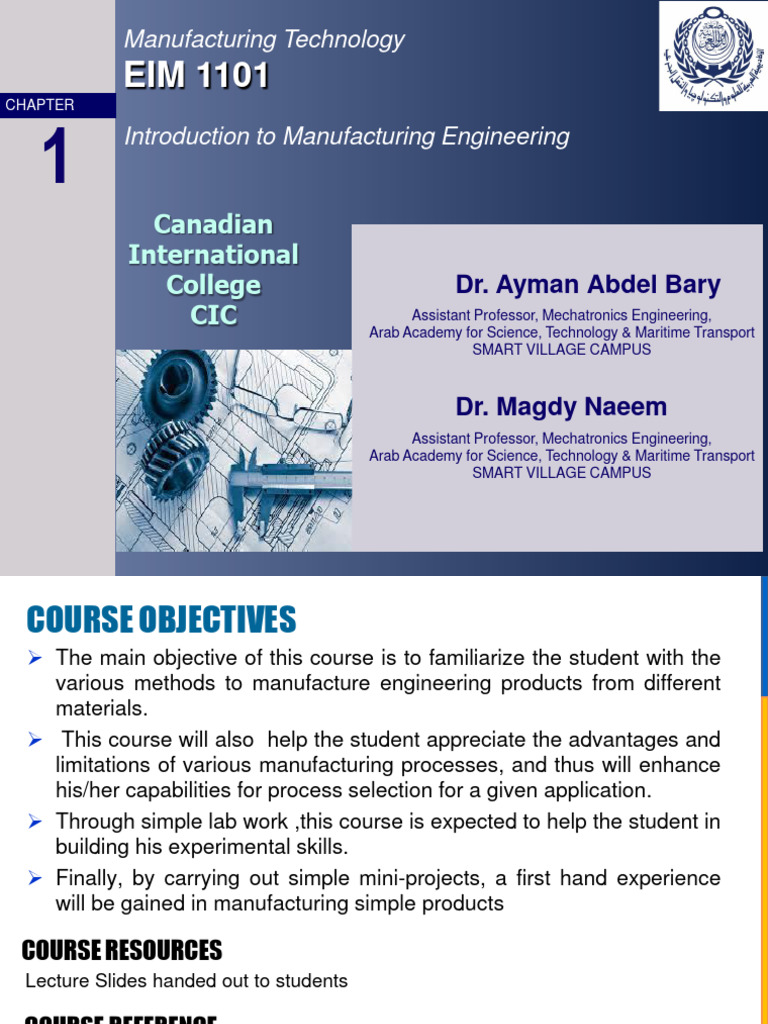 Lecture 1-Introduction -Manufacturing Technology-Course outline | PDF | Metals | Iron