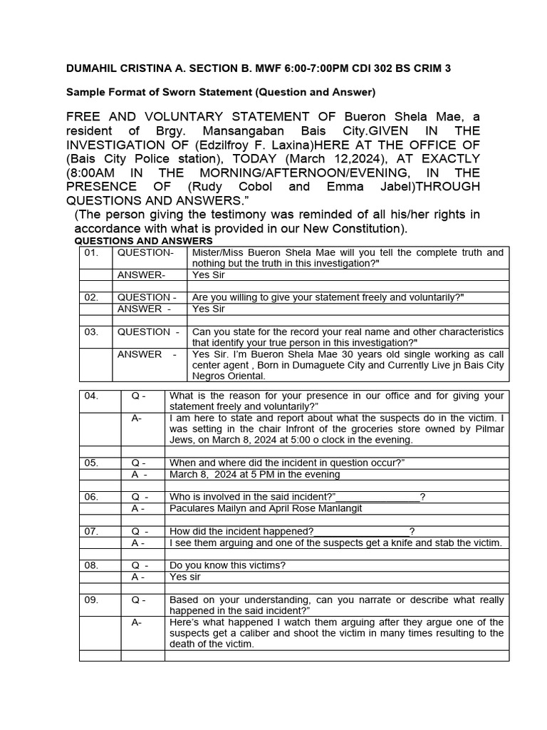 Sample Format of Sworn Statement Question and Answer | PDF | Affidavit