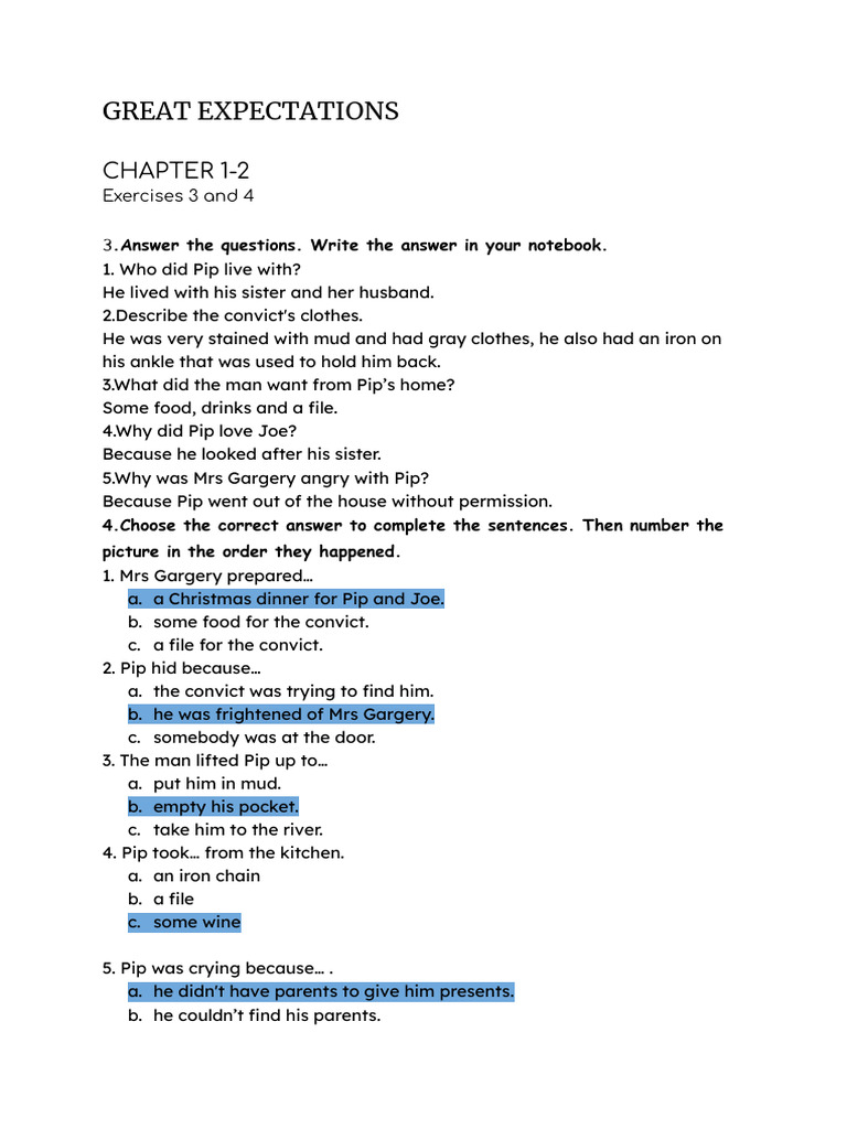 Great Expectations: Chapter Summaries & Exercises | PDF | Estella ...