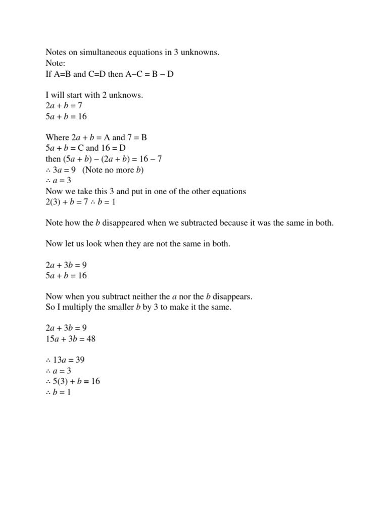 Solving Simultaneous Equations with 3 Unknowns | PDF