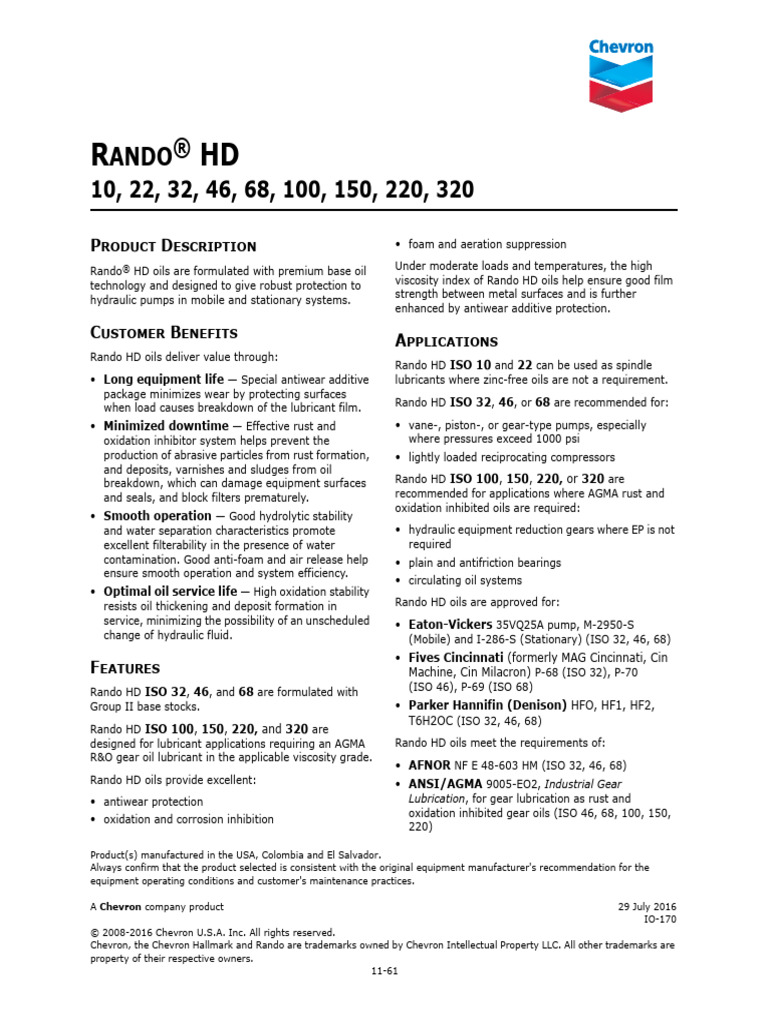 Chevron Rando HD 68 Technical Datasheet | PDF | Viscosity | Lubricant