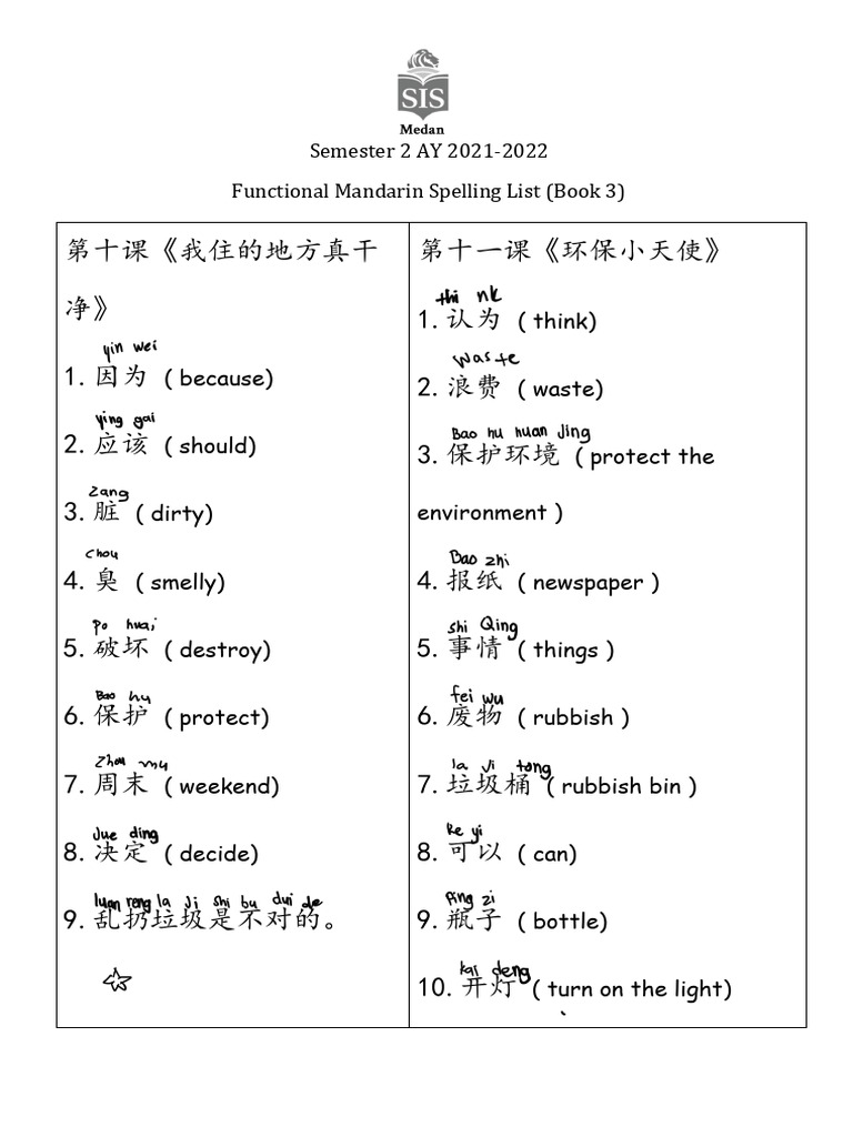 P6 Functional Mandarin Spelling List Semester 2 | PDF