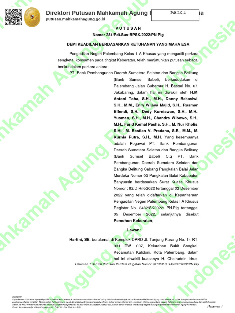 Putusan 281 PDT - Sus-Bpsk 2022 PN PLG 20240219151228 | PDF