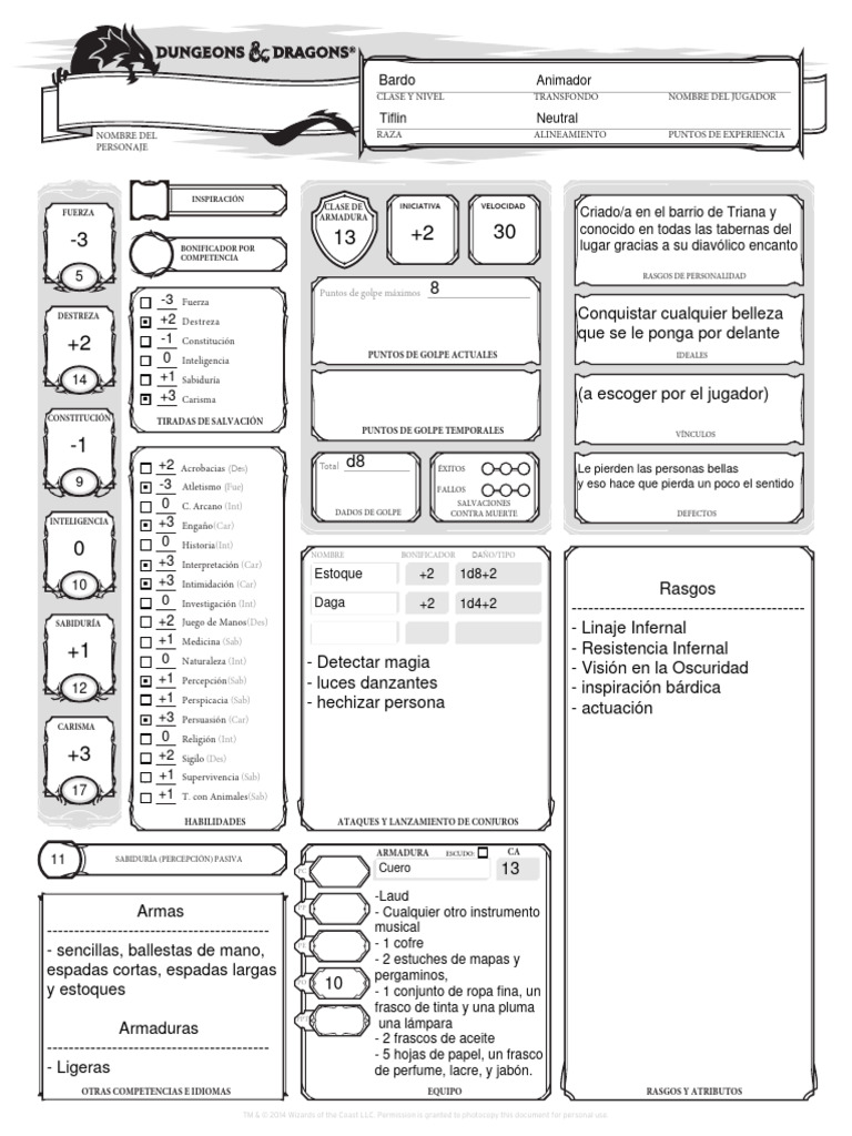 Ficha de Personaje: Bardo Tiflin | PDF