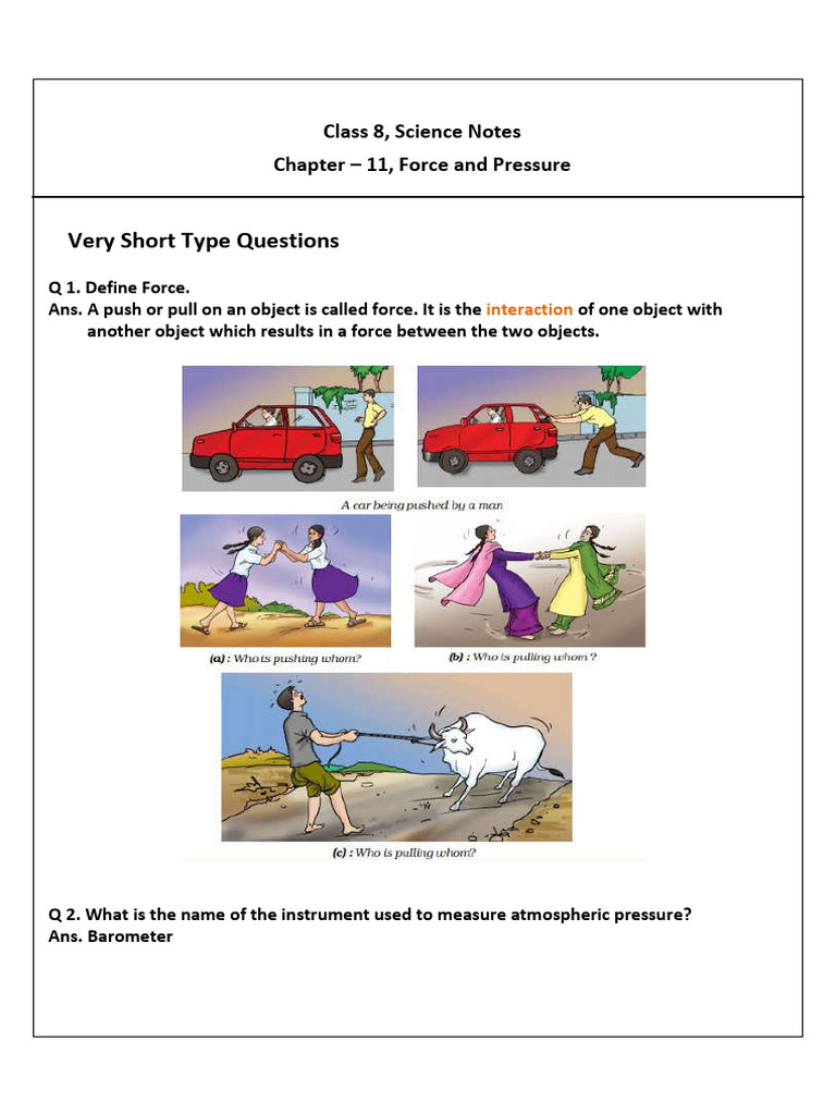 Class 8 Science: Force and Pressure Notes | PDF | Force | Pressure