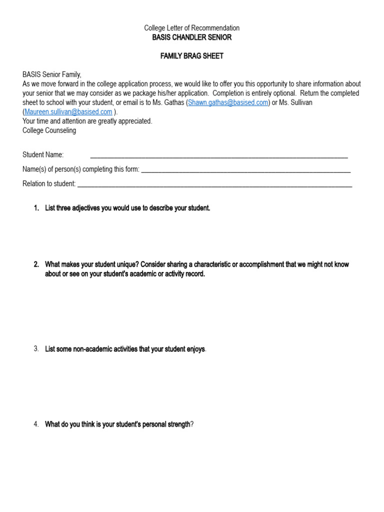 Senior Parent Brag Sheet 2024 | PDF | Career & Growth