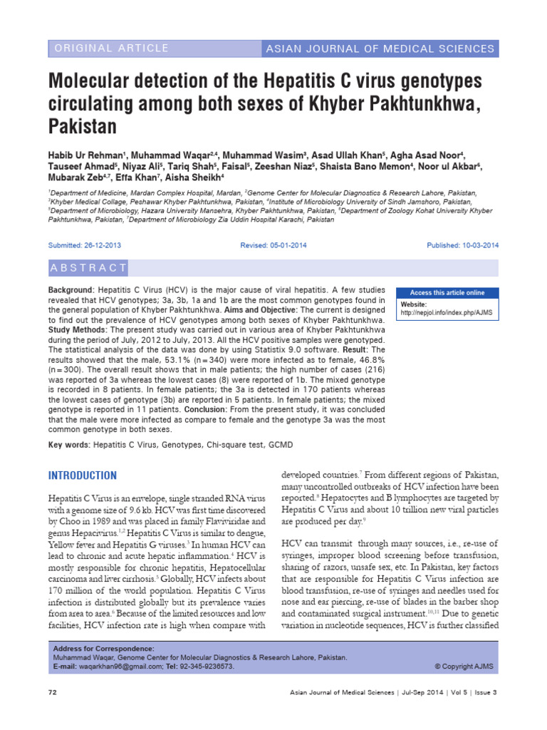Prevalence and Molecular Determination of Hepatitis C Infection in Khyber Pakhtunkhwa, Pakistan ...
